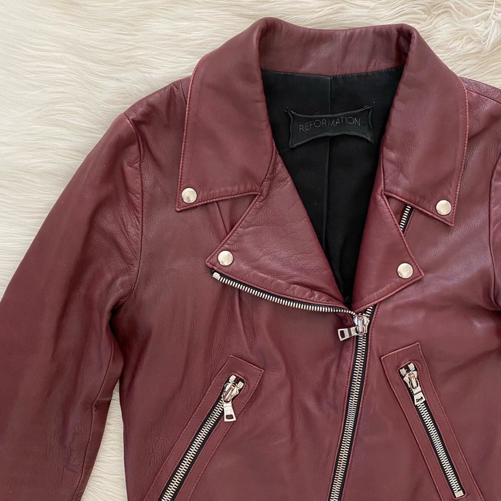 Reformation Burgundy Leather Moto Jacket - Gem